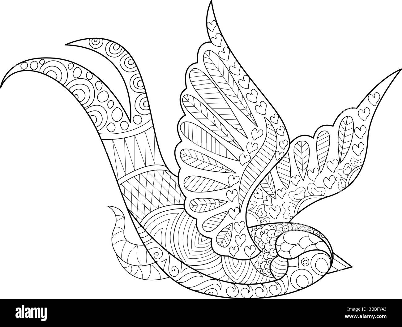 Black and white line art illustration of a flying bird (swallow or ...