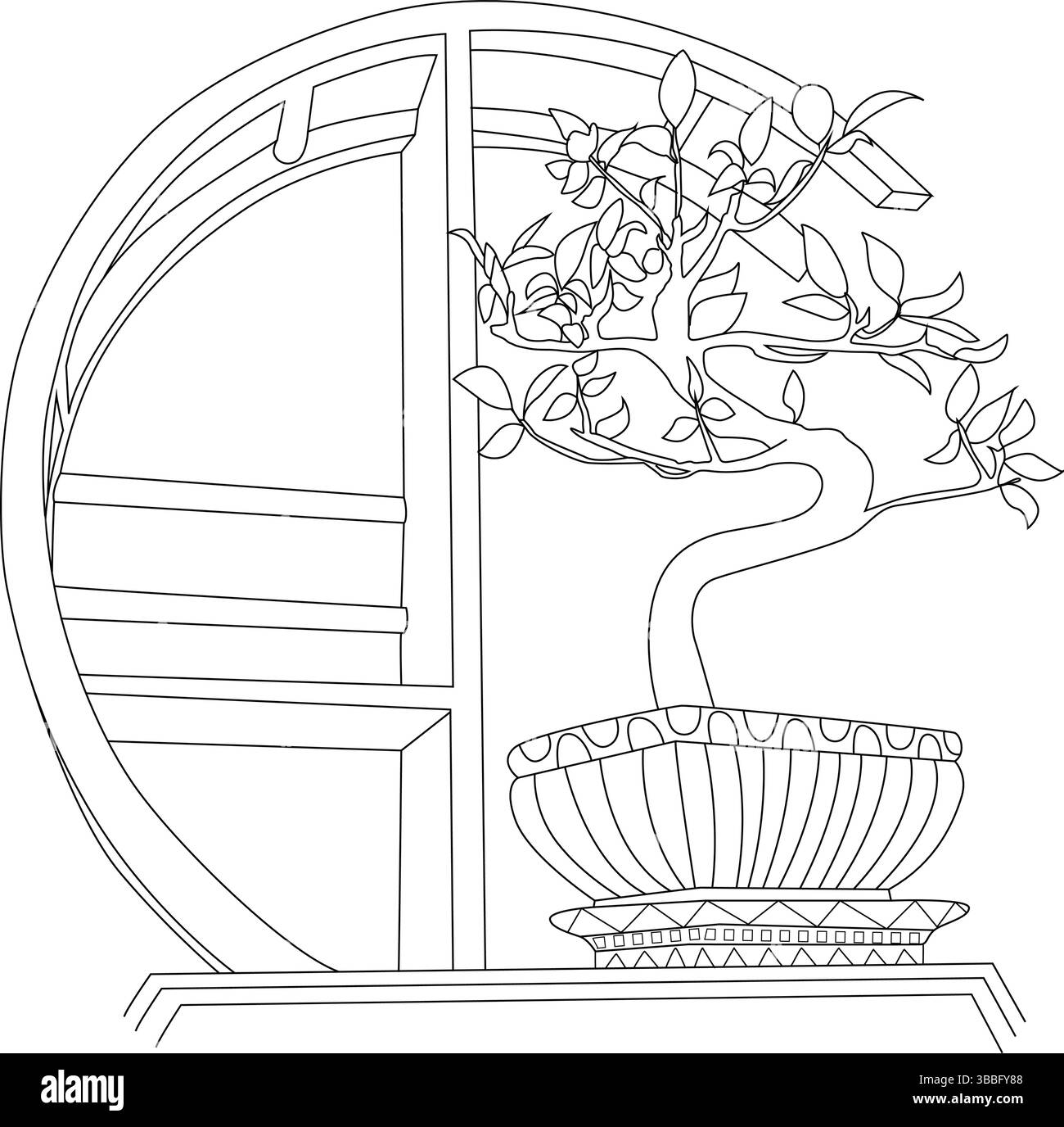 Simple black and white outline illustration featuring a small bonsai ...