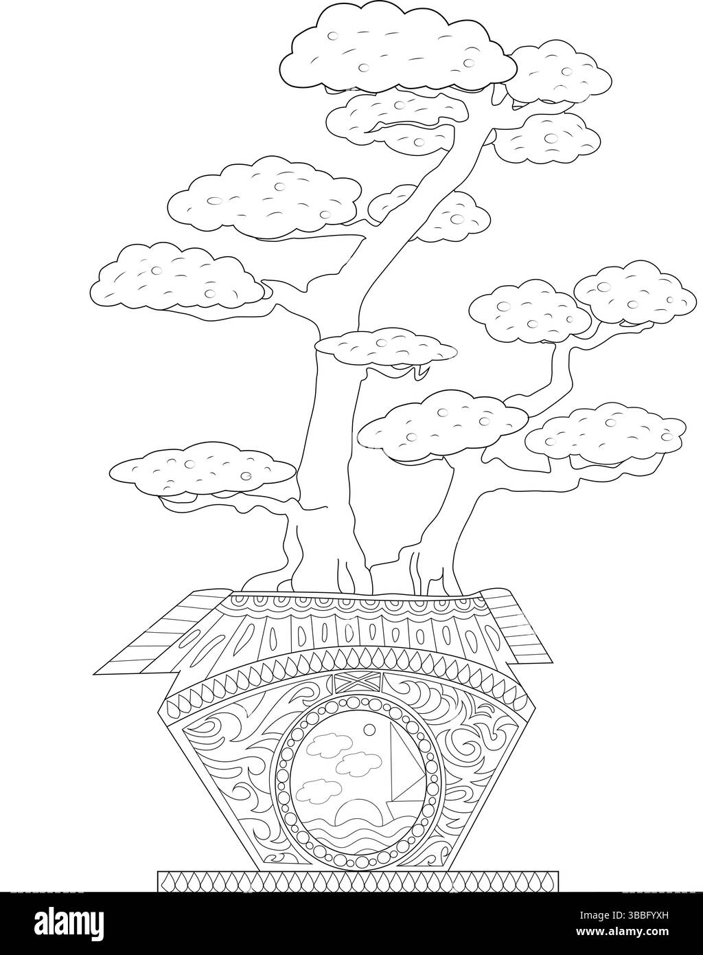 Black and white outline illustration of a stylized bonsai tree in a ...