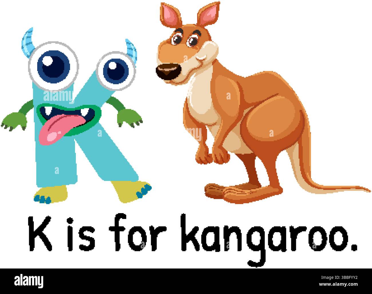 Colorful vector illustration of a cartoon kangaroo and animated letter ...