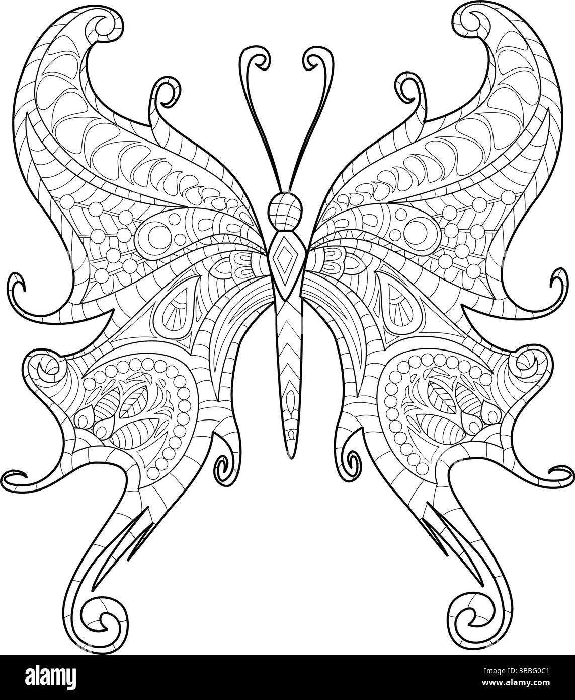 Detailed black and white line art drawing of an abstract butterfly with ...