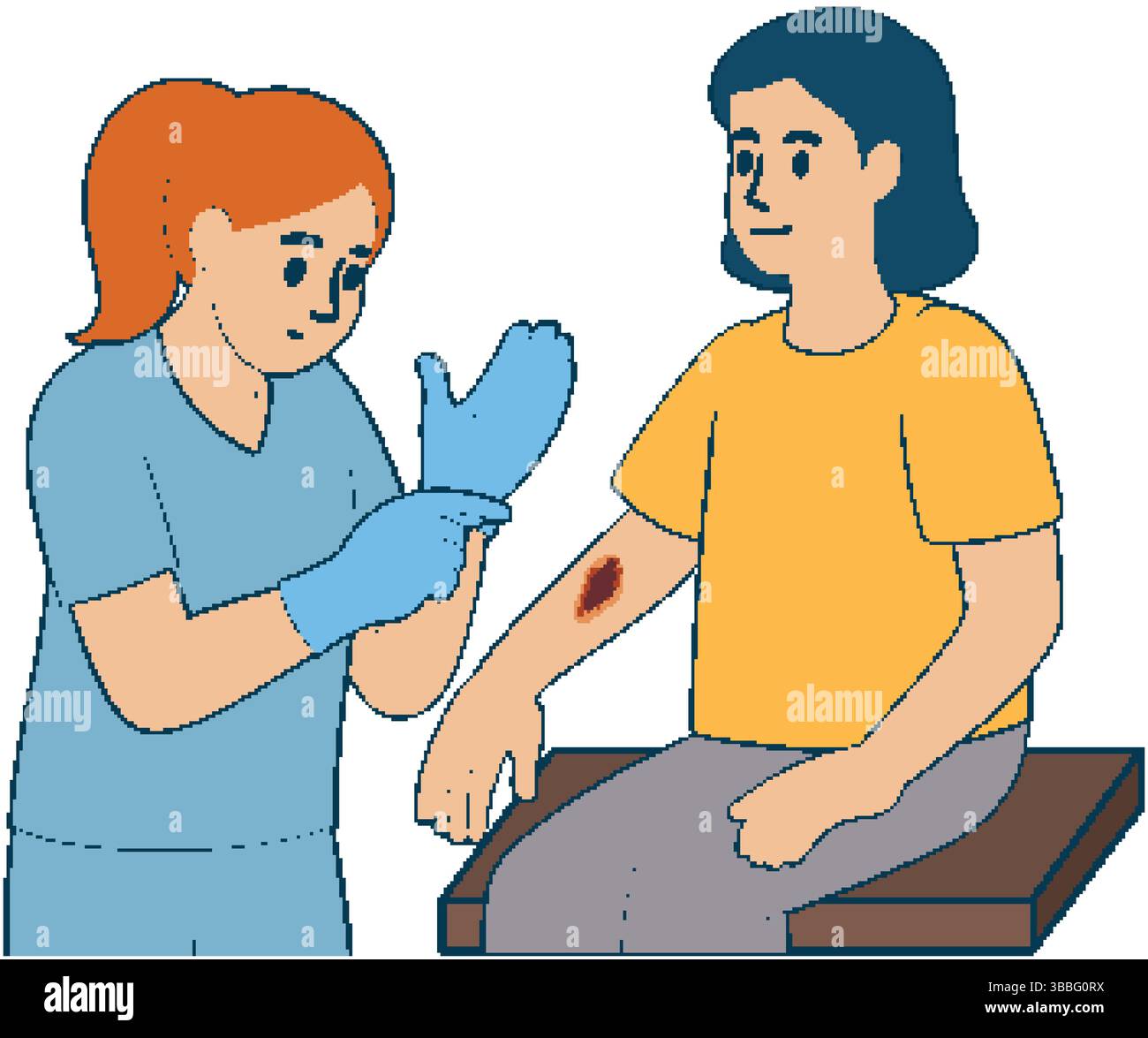 Vector illustration of a nurse in blue scrubs applying treatment to a ...