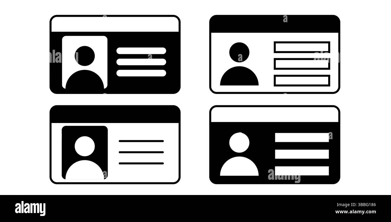 Line style driver license and identity card icons in black and white ...