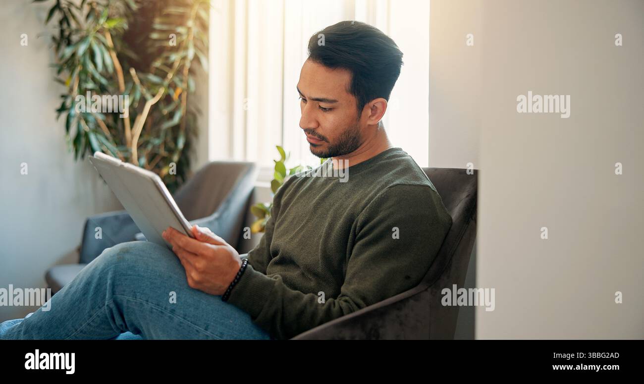 Appointment, sign in and tablet with man in lobby of office for ...