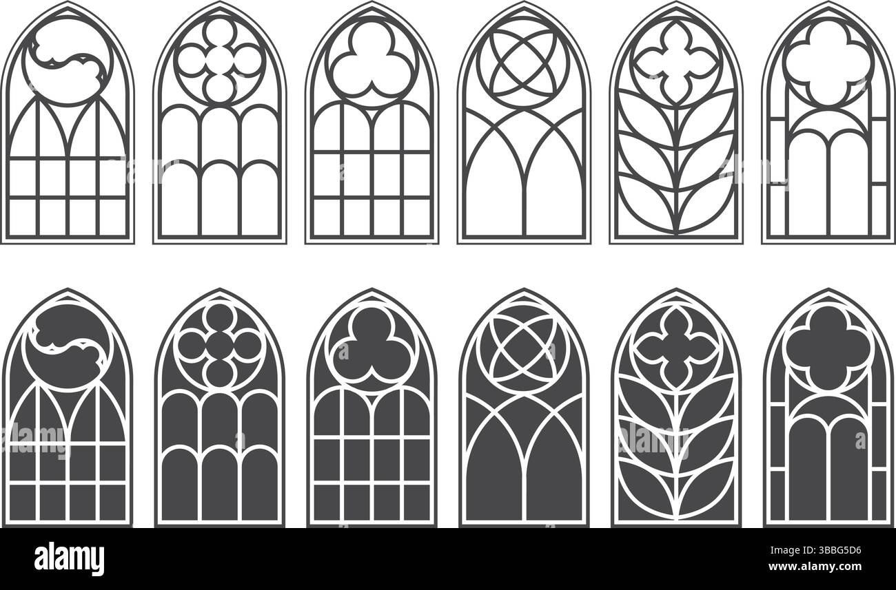 Gothic church windows with arched frames and stained glass. Medieval ...