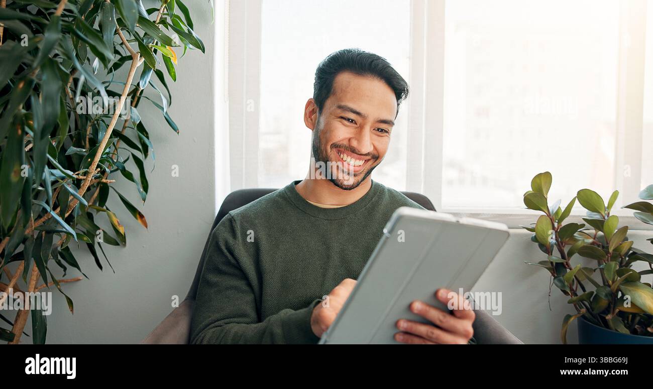 Appointment, sign in and tablet with happy man in waiting room of ...