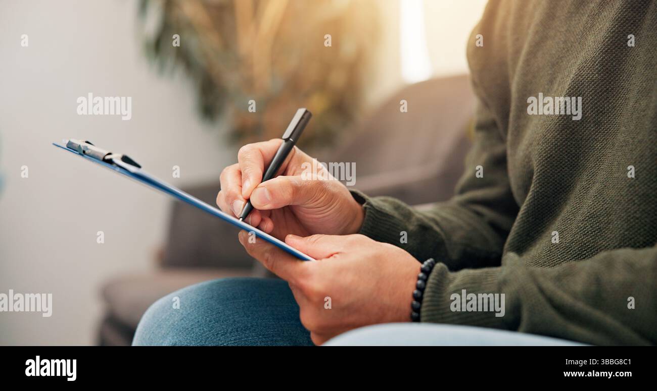 Waiting room, hands and man with clipboard for writing information ...