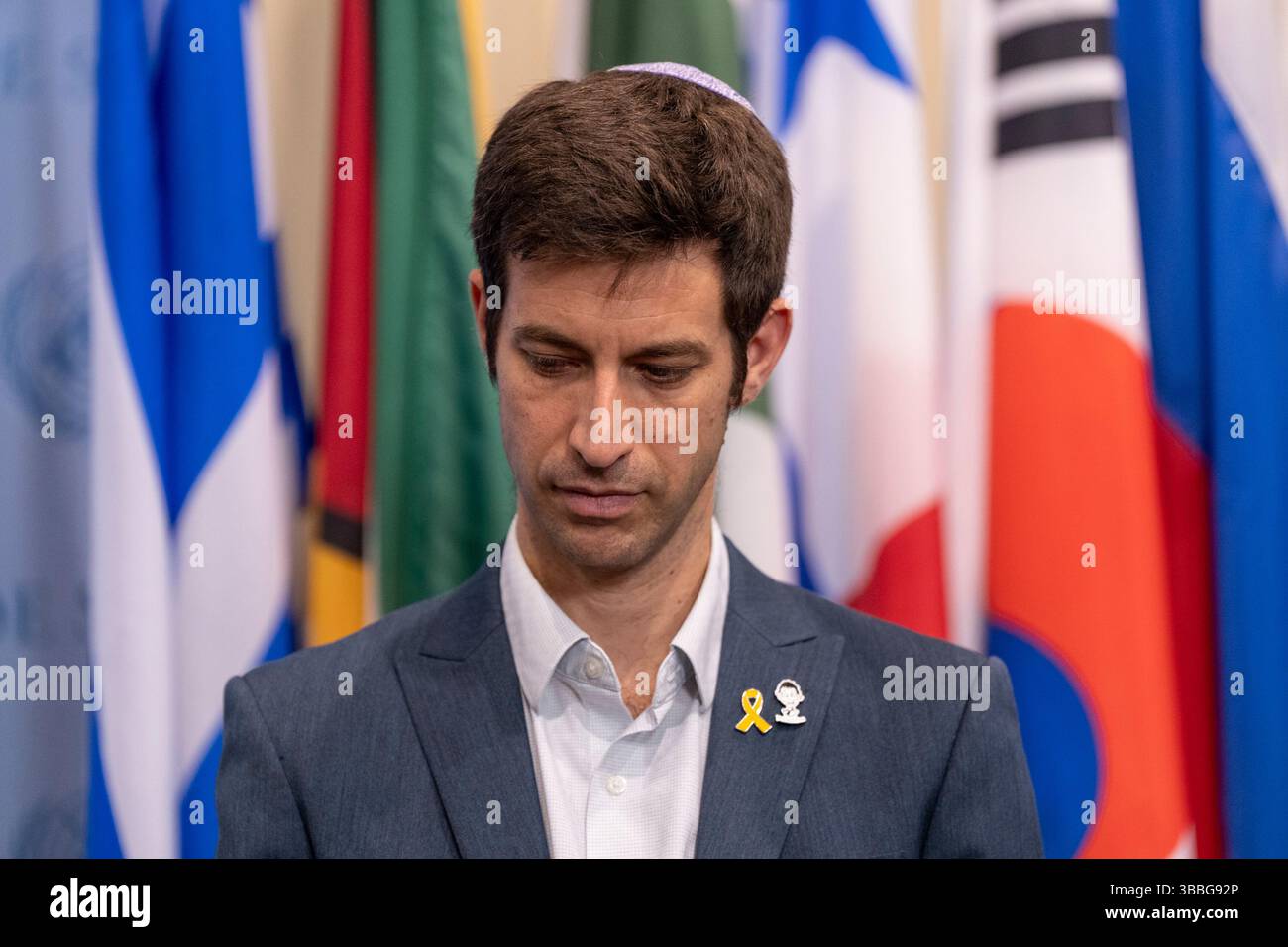 New York, USA. 15th May, 2025. Menachem Goldin listens as Ambassador ...