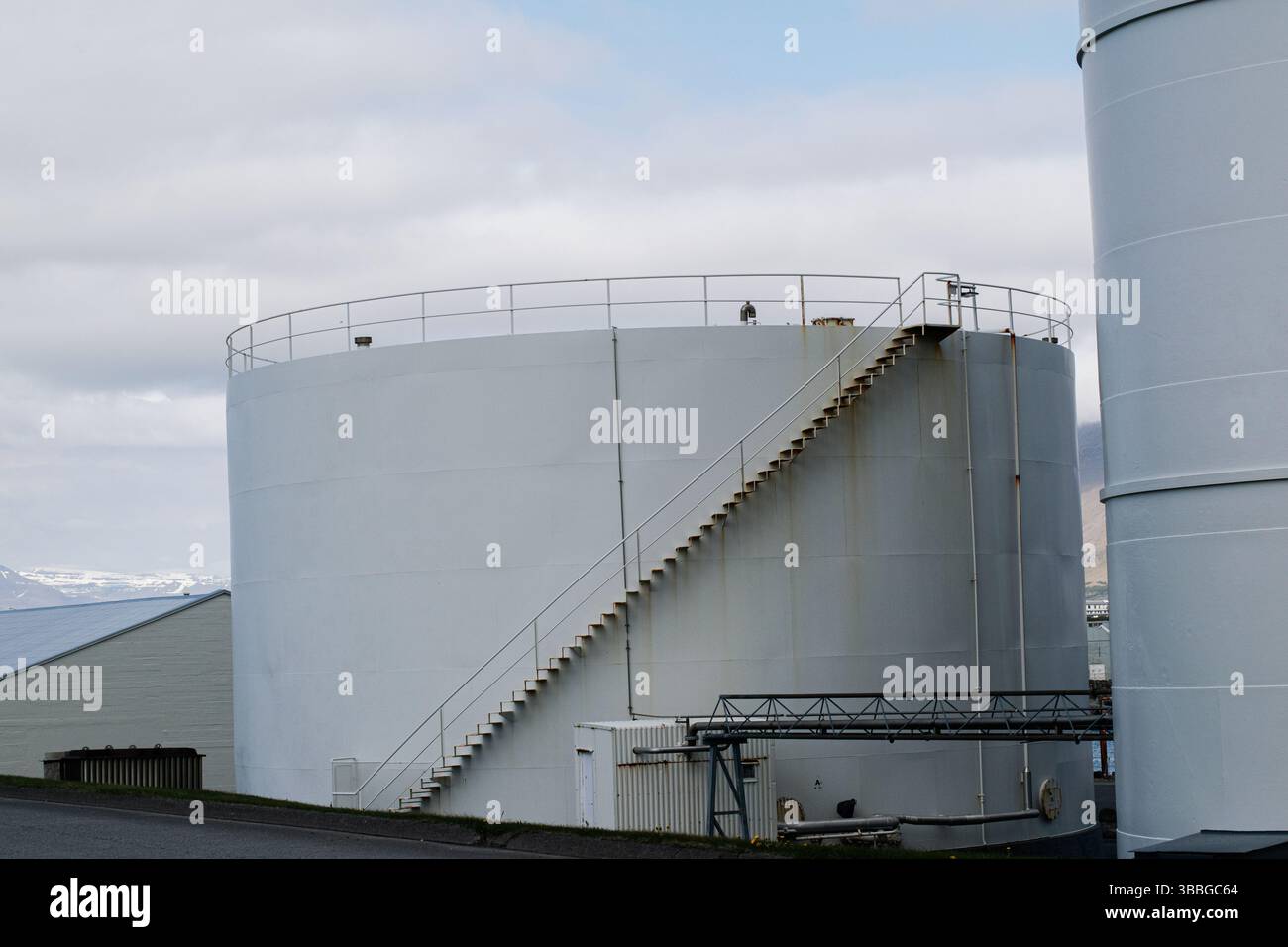 Akranes, Iceland - May 15, 2025: Large white storage tank facilities ...