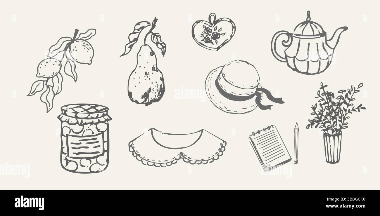 Cottagecore set cosy country rural things sketch. Retro cute whimsy ...