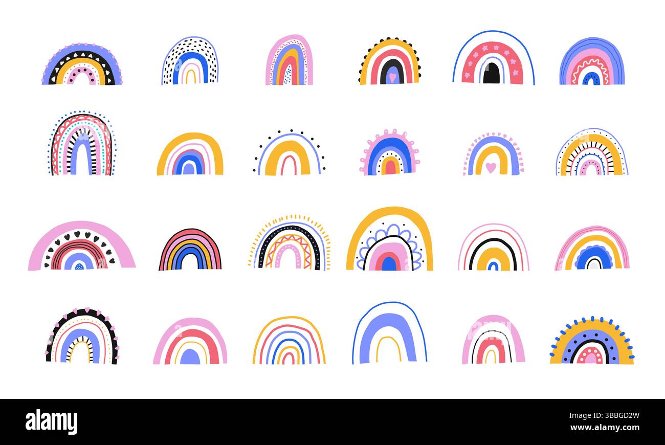 Colorful rainbows set. Hand drawn color arc vector illustration Stock ...