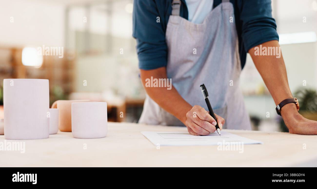 Workshop, hands and inspection with paperwork for pottery, small ...