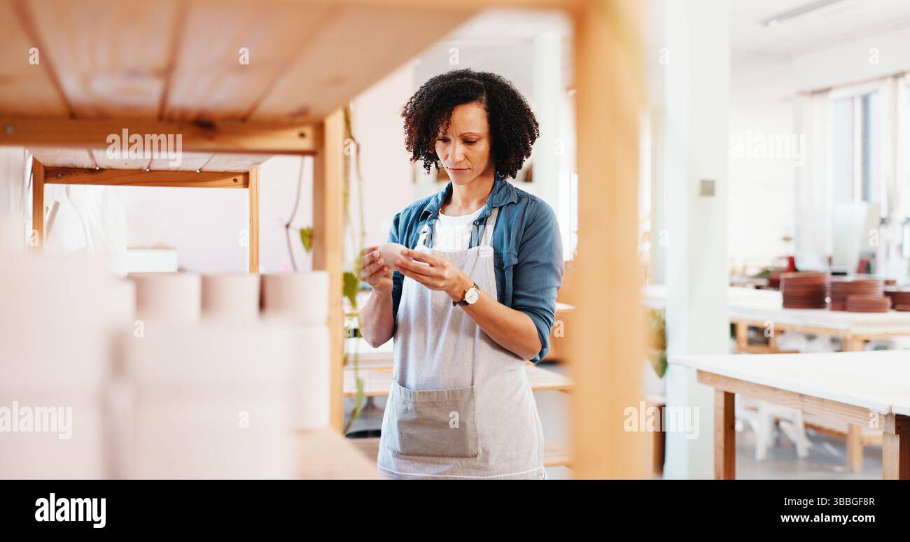 Woman, ceramics and shelf with inspection at store for shape, quality ...