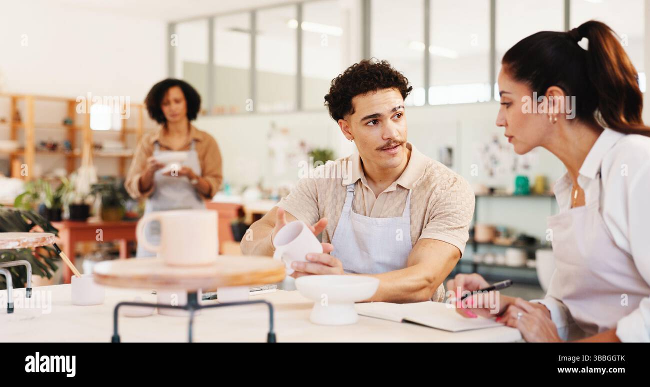 Pottery, class and people with clay in workshop for teaching, learning and skills development ...