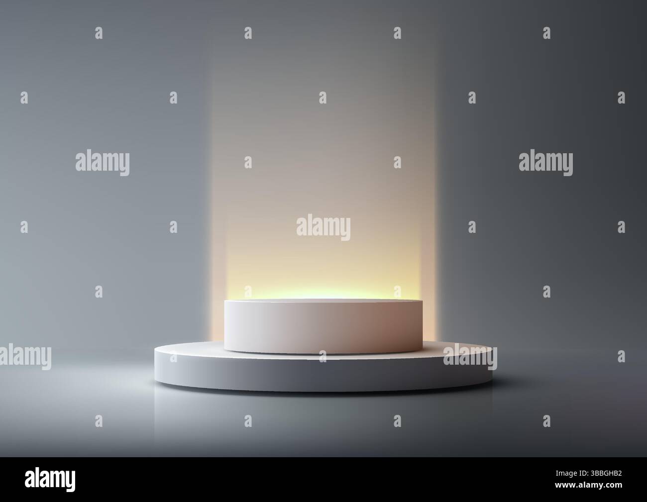 Softly lit 3d cylindrical white podium on a circular base against a ...