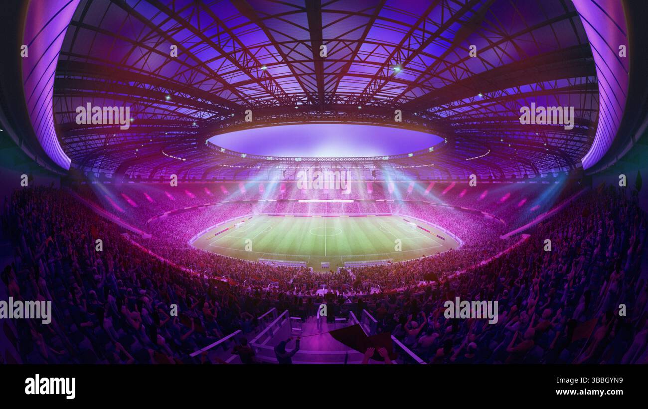 Futuristic stadium. Wide angle view of modern soccer stadium filled ...