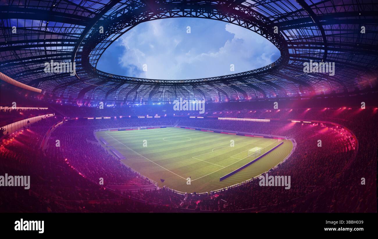 3D render. Large stadium with open circular roof and clear blue sky ...