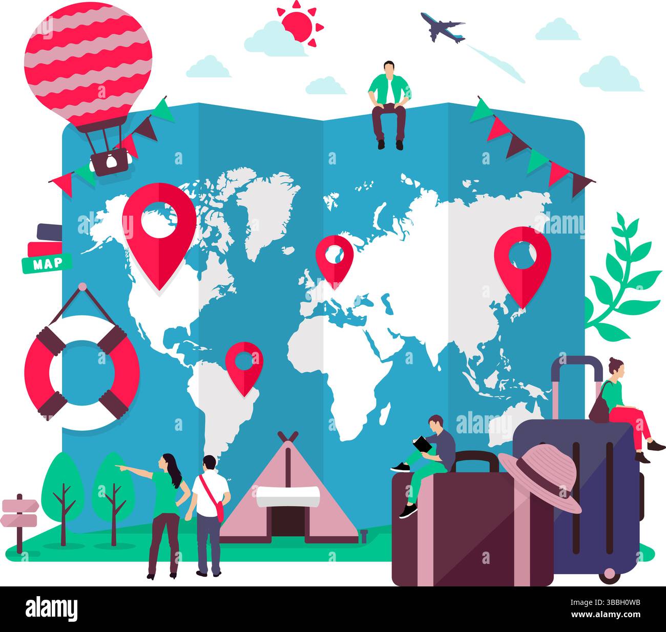 Vector illustration of a large world map and tourists Stock Vector ...