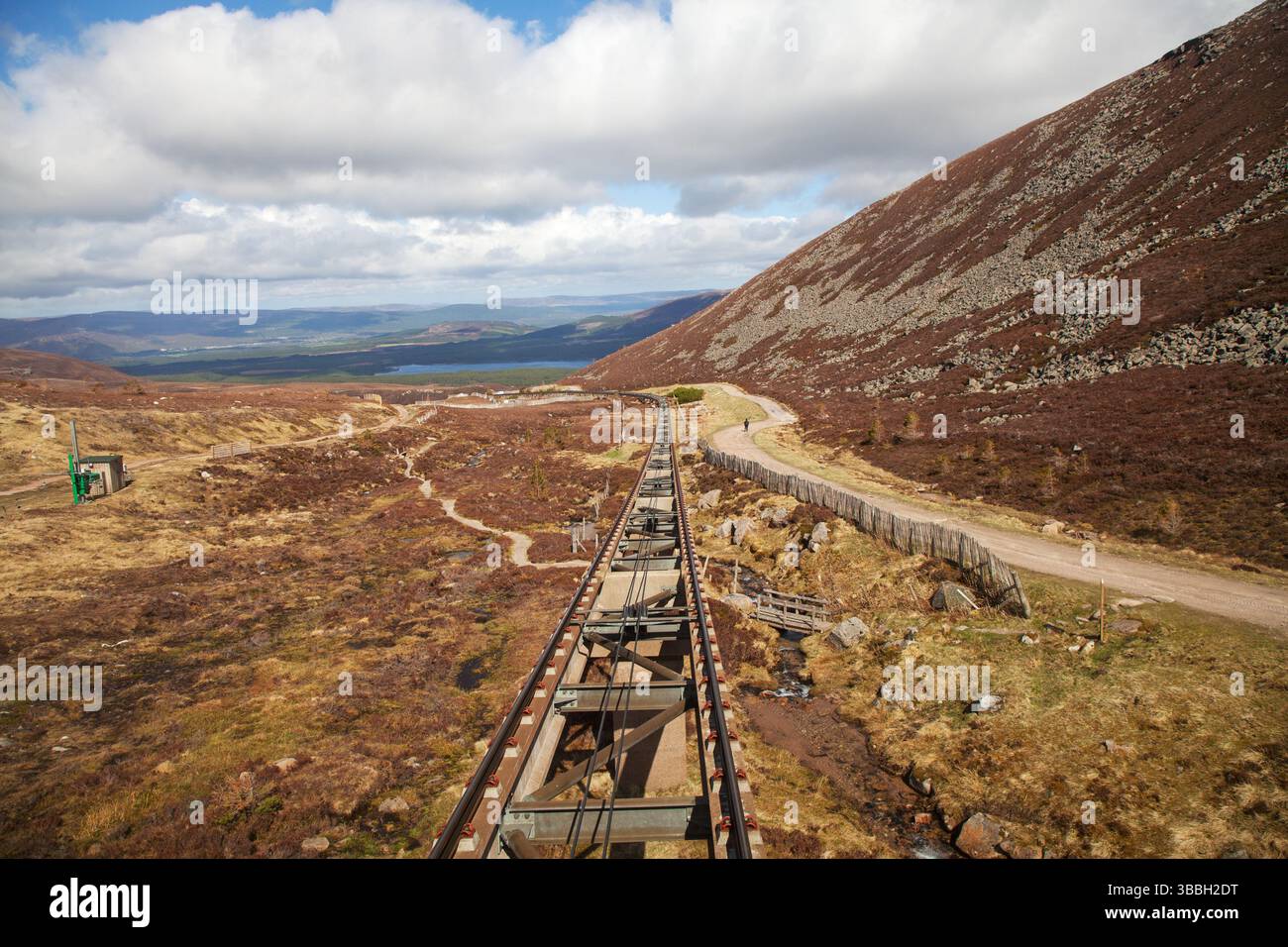 Funicular railway track with Loch Morlich beyond, Cairngorms National ...