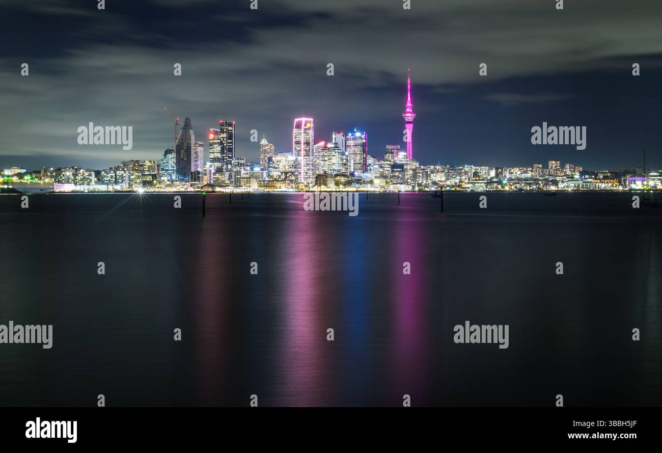 Auckland, New Zealand – May 16 2025: Sky Tower lights up the skies in ...