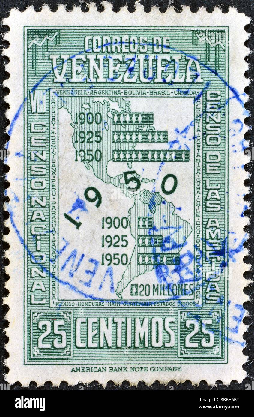 Cancelled postage stamp printed by Venezuela, that shows Map and ...