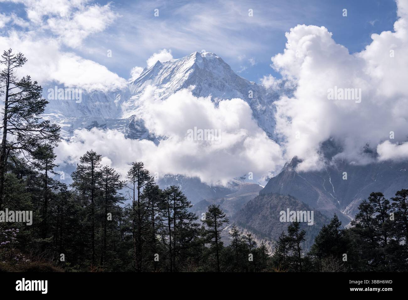 Cloud-wrapped Mount Manaslu seen from the forested trail descending ...