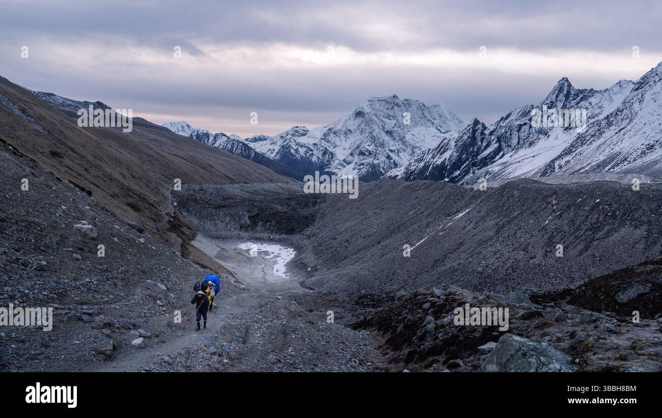 Nepali porters carrying loads toward Larkya La Pass at dawn on the ...
