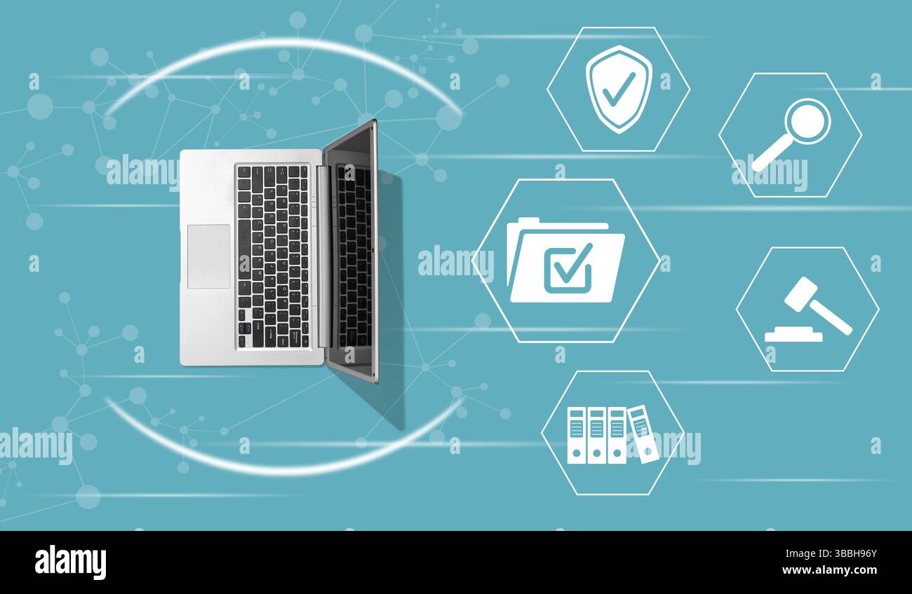 Top view of laptop with symbol of compliance concept Stock Photo - Alamy
