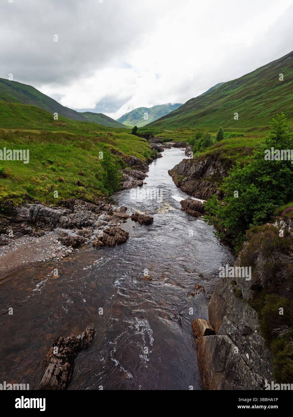 River roy, Silver birch Betula pendula and mountains in Glen Roy ...
