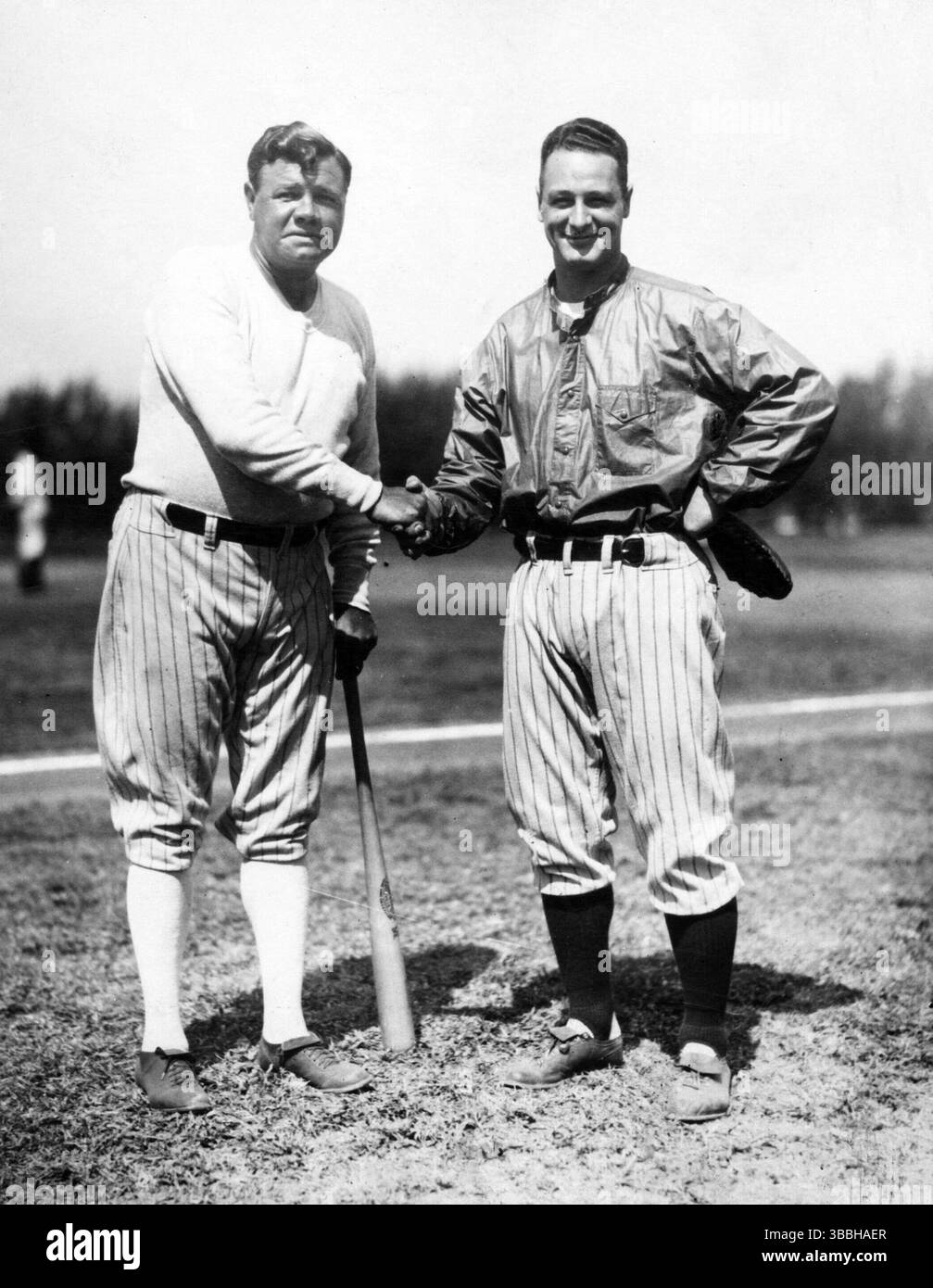 Baseball legends Babe Ruth and Lou Gehrig shaking hands, ,1920s Stock ...