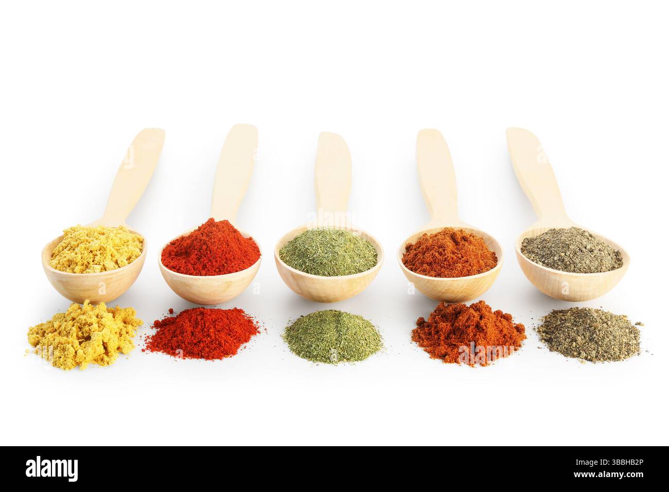 Different aromatic spices in spoons isolated on white Stock Photo - Alamy