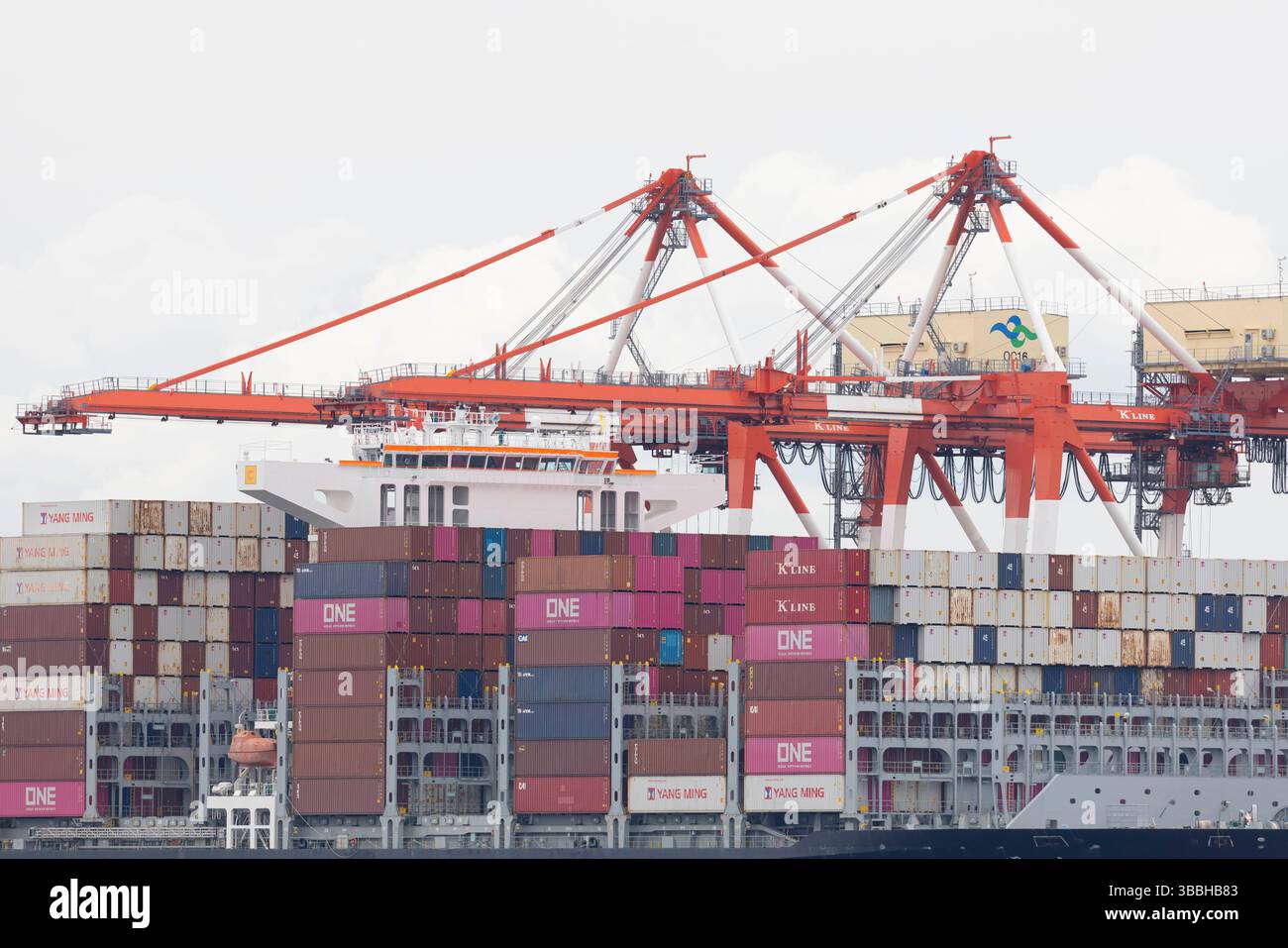 Containers seen stacked on board of a container ship inside Tokyo Bay. Japan is heavily reliant ...