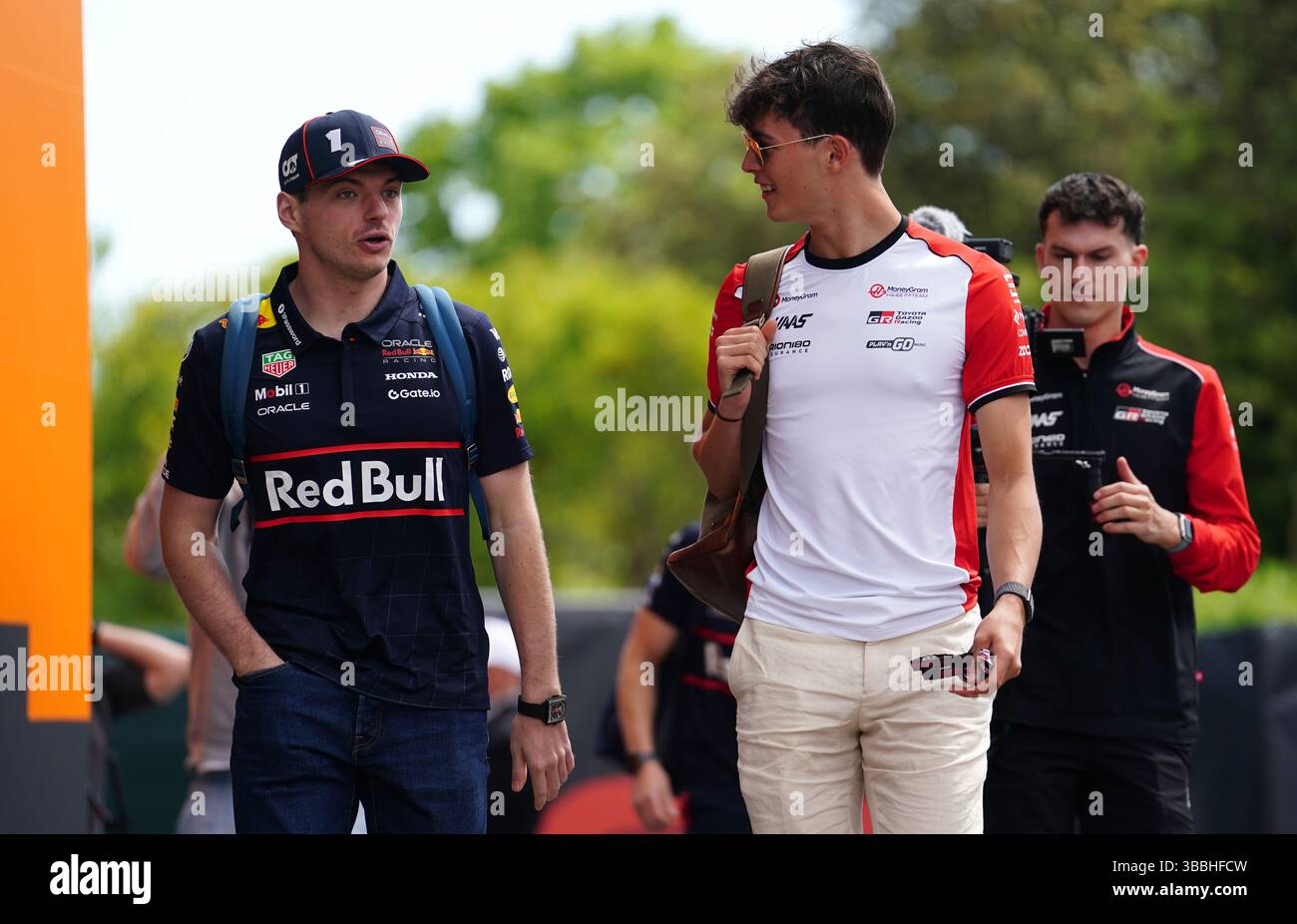 Red Bull Racing's Max Verstappen (left) and Haas' Oliver Bearman at the ...