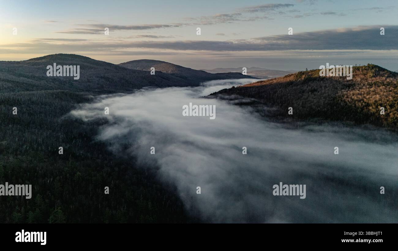 Aerial view of morning fog in a valley, Appalachian Mountains, Maine ...