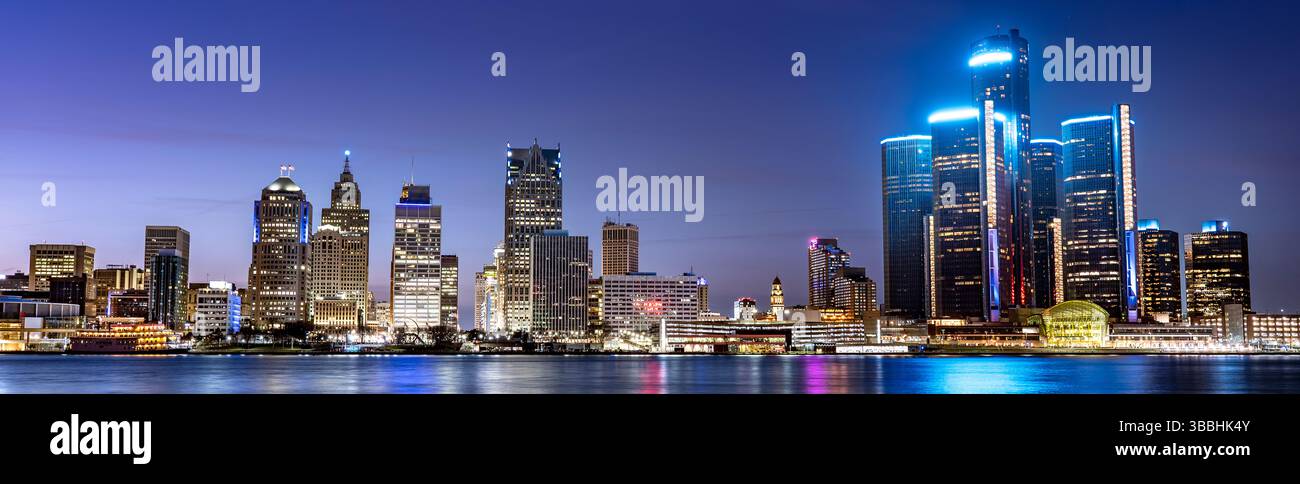 Detroit, Michigan downtown city skyline view at night with illuminated ...