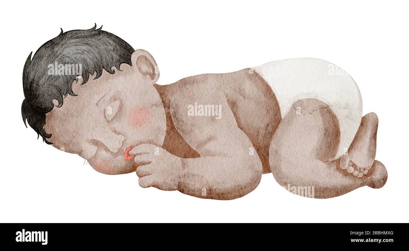 Watercolor illustration of a dark skinned sleeping cute baby with black ...