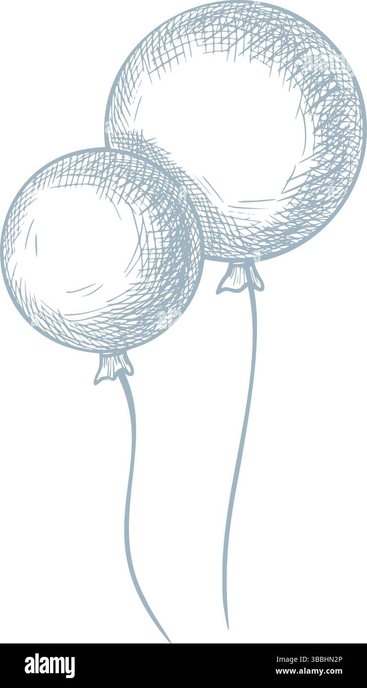 Vector drawing of round helium Balloons with strings in retro sketch ...