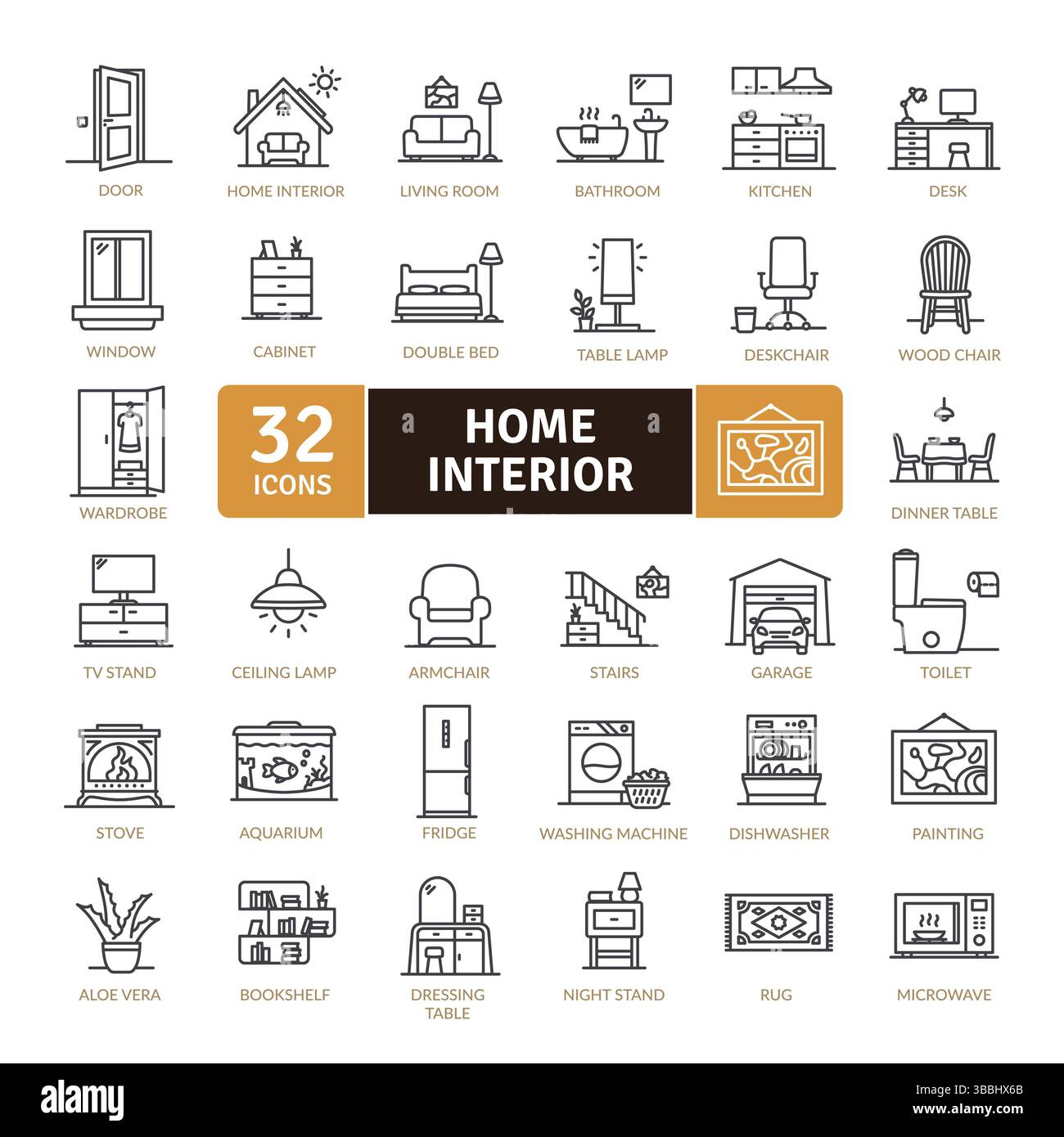 Home Interior Icon Set: Furniture and Household Items Stock Vector ...