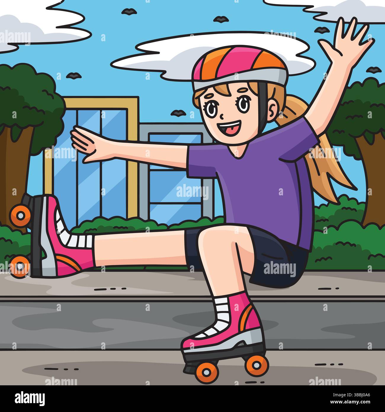 Roller Skating Girl on One Leg Colored Cartoon Stock Vector Image & Art ...