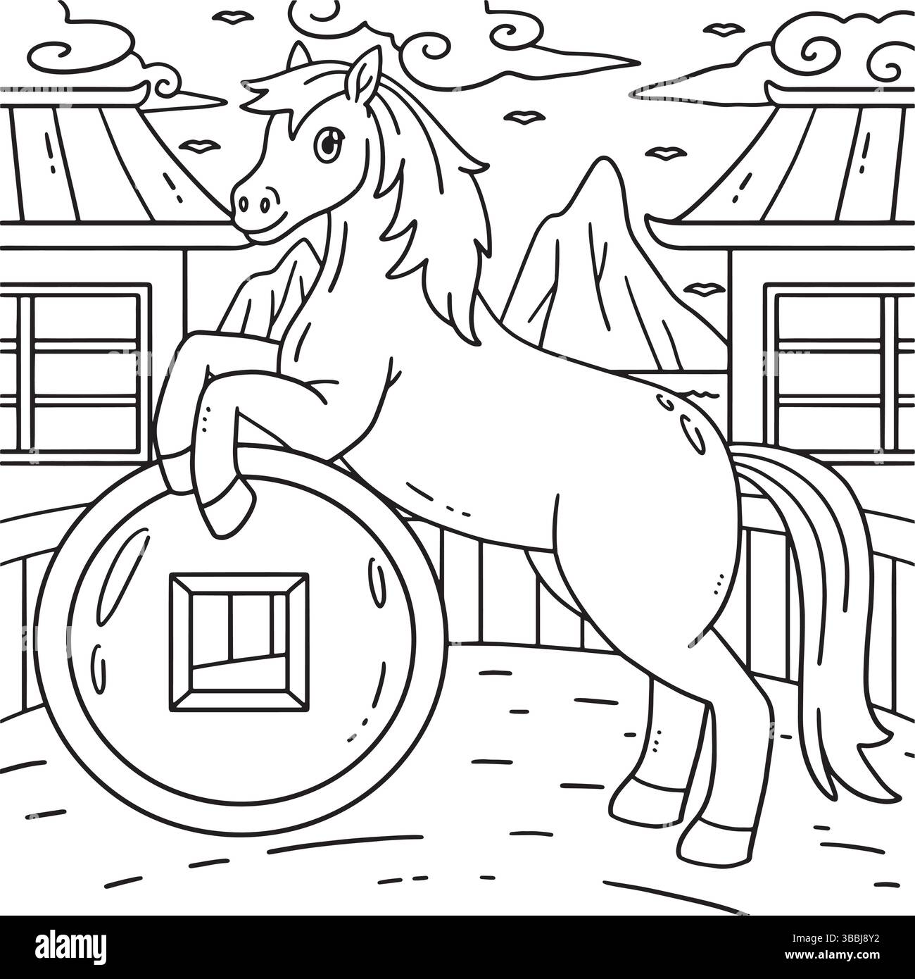 Year of the Horse 2026 and Fortune Coin Coloring Stock Vector Image ...