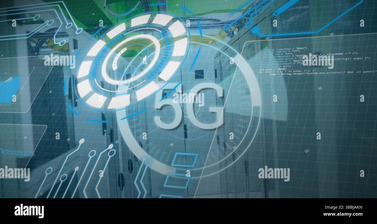 Image of 5g text, scopes scanning and data processing over servers Stock Photo - Alamy