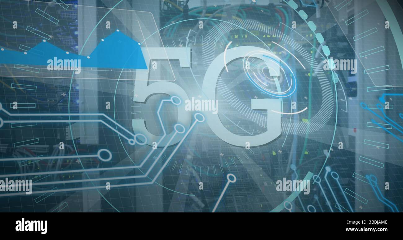 Image of 5g text, scopes scanning and data processing over server Stock Photo - Alamy