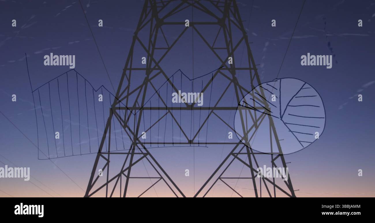 Image of data processing over electricity pylon and landscape Stock ...