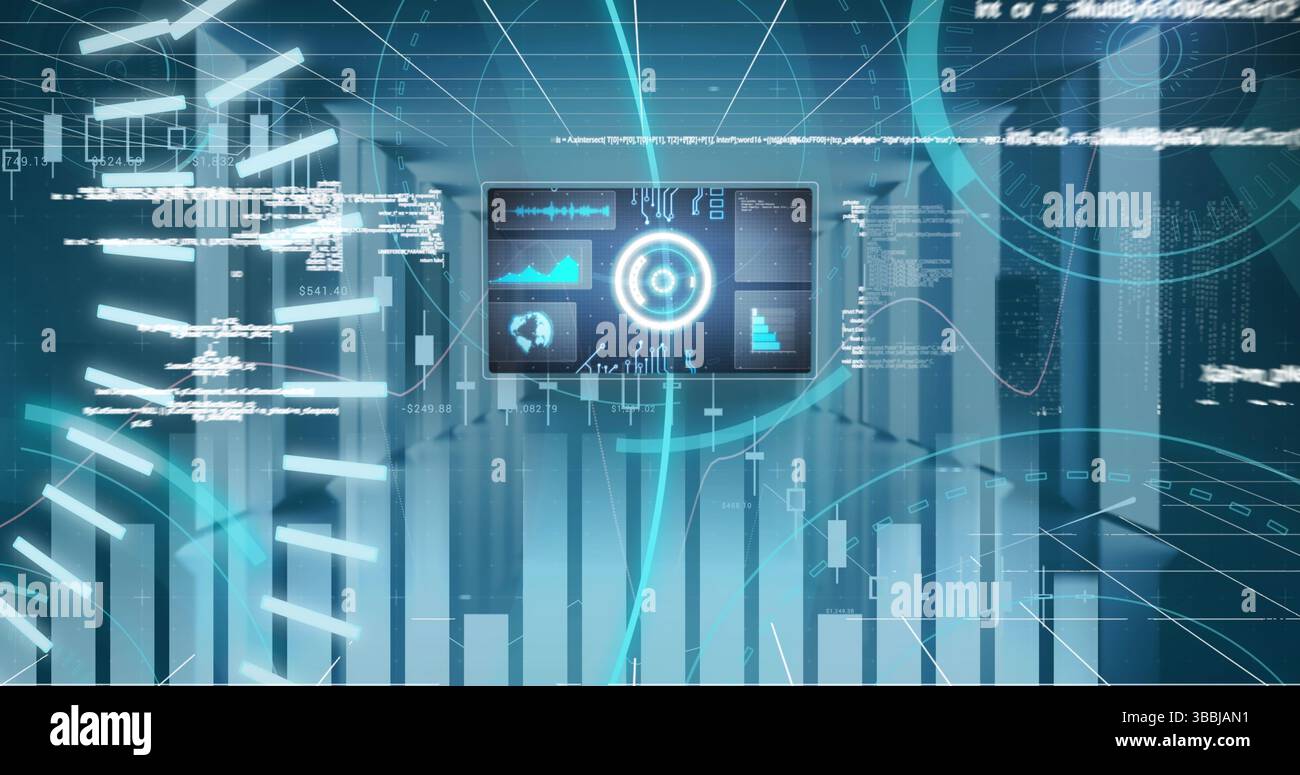 Central monitor screen floating in corridor flanked by columns, with 3D ...