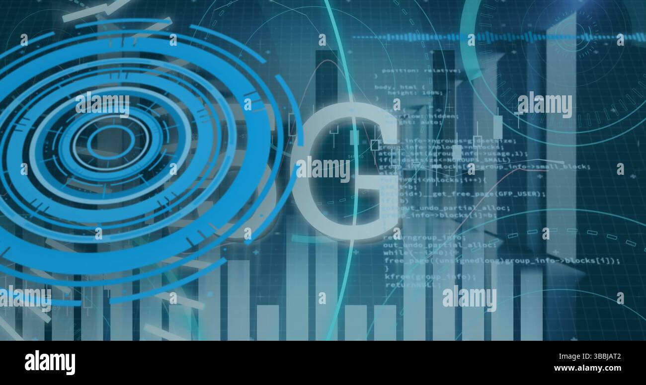 Image of 5g text, scopes scanning and data processing over servers. Global connections, data ...