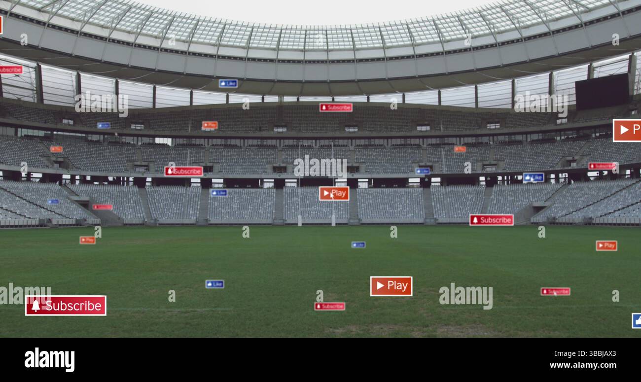 Image of media icons over stadium. global business, sport and digital ...
