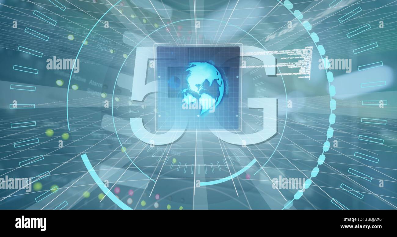 Displaying 5G label and Earth globe icon floating inside square overlay ...