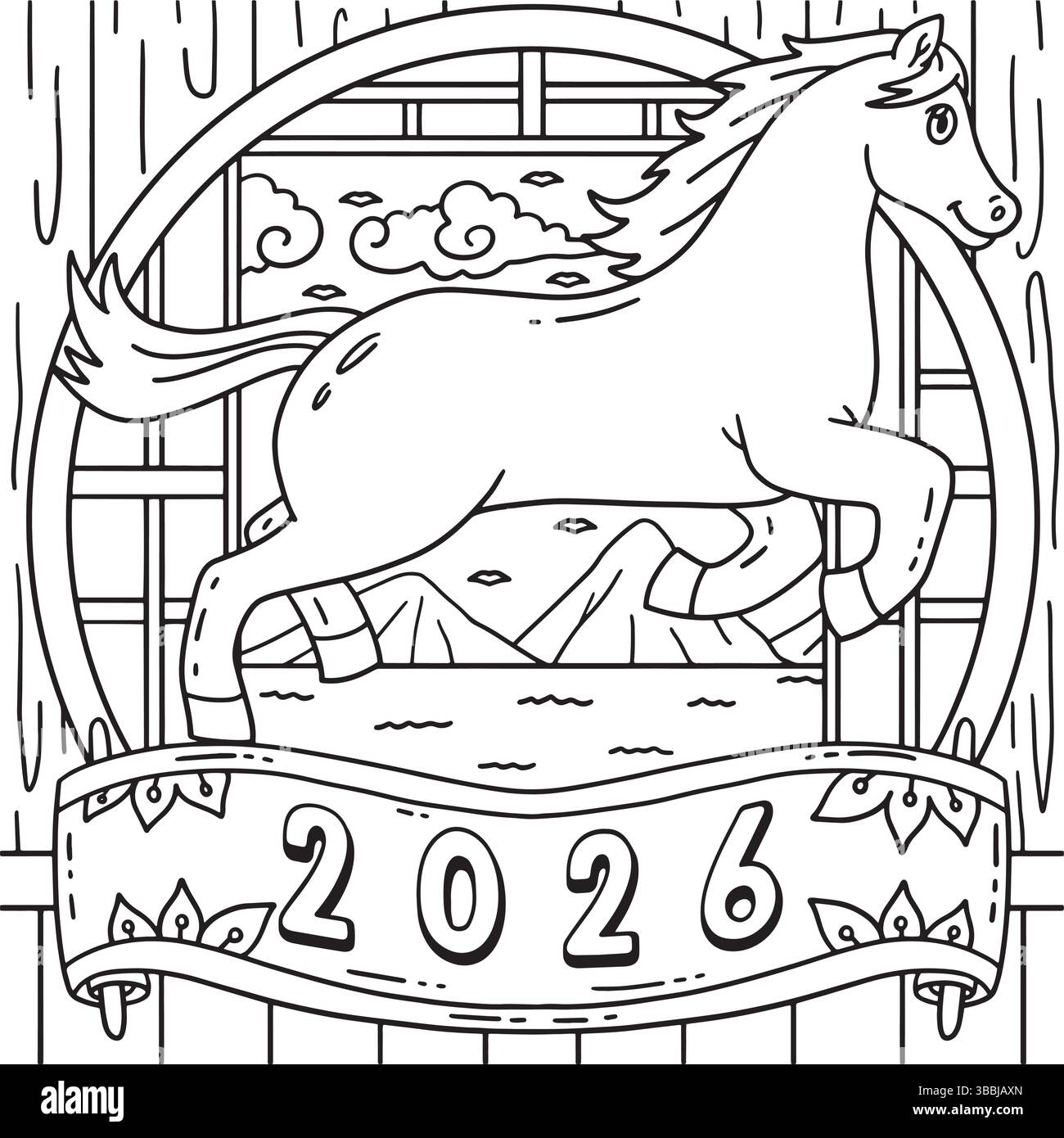 Year of the Horse 2026 Coloring Page for Kids Stock Vector Image & Art ...