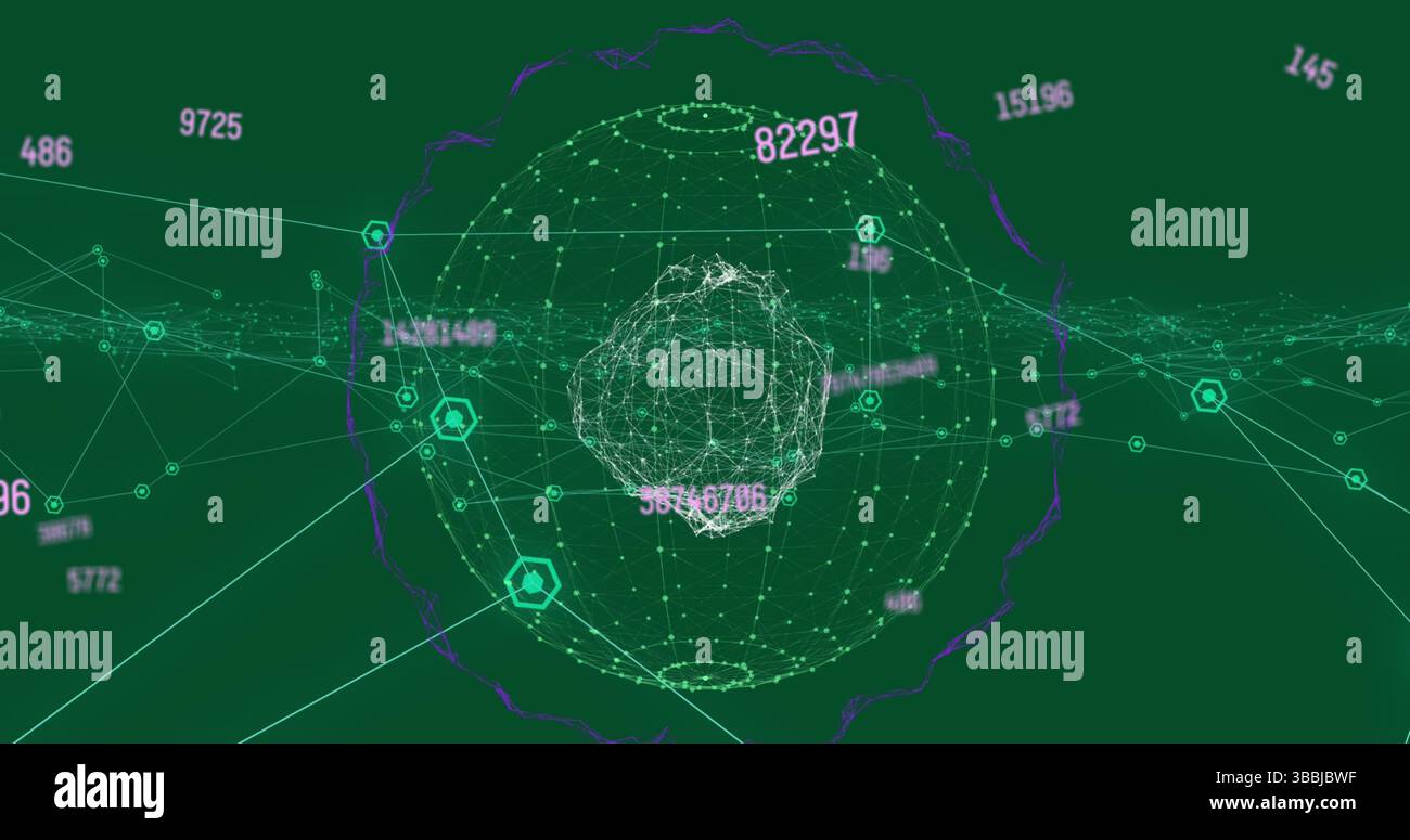 Floating wireframe orb connecting lines in virtual space with green hex markers and data labels ...