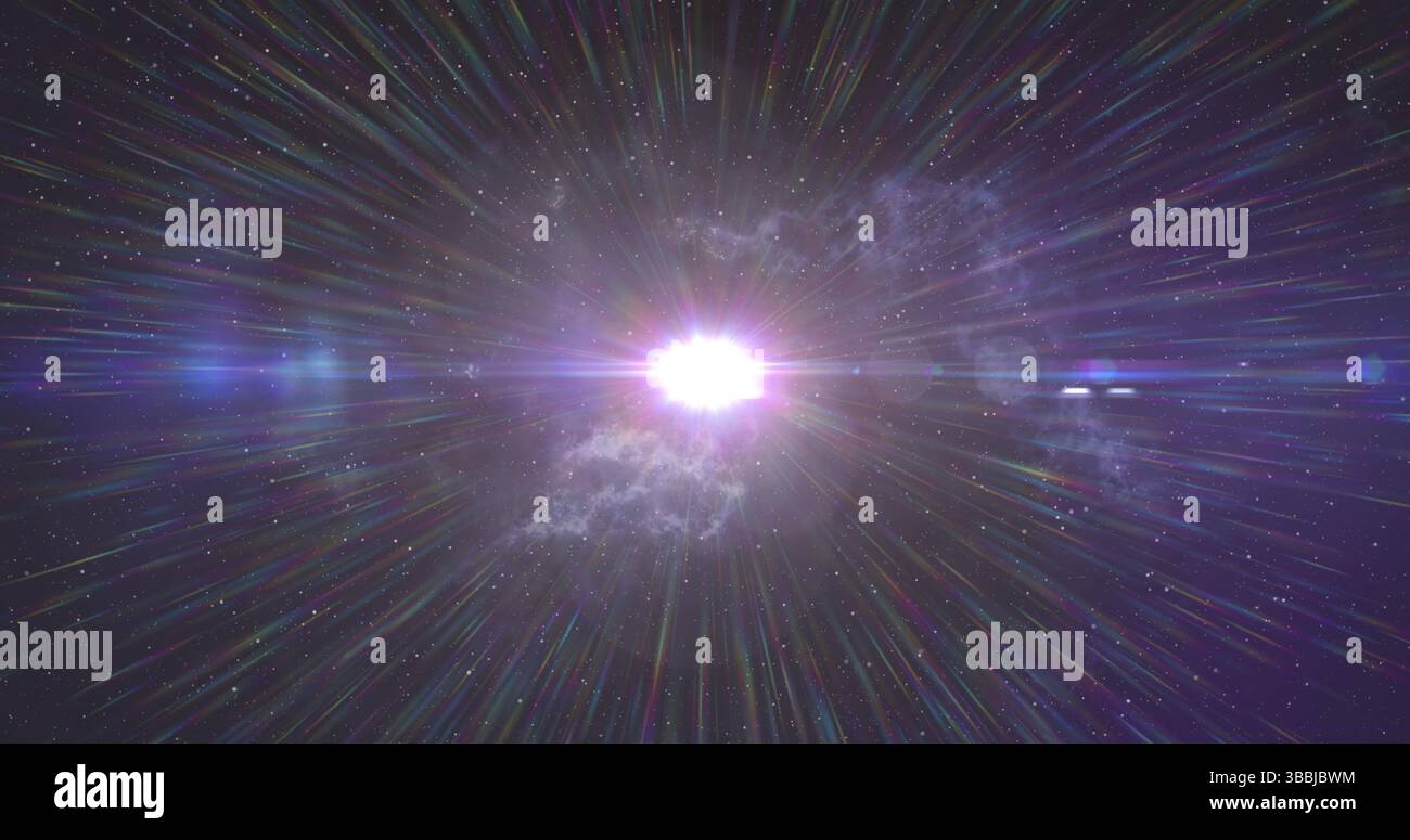 Radiating central light source sending colorful beams in deep space ...